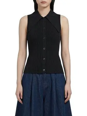 Pinko Ribbed Knit Collared Top - Black