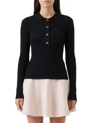 GANNI Knitted Wool Polo Shirt - Black