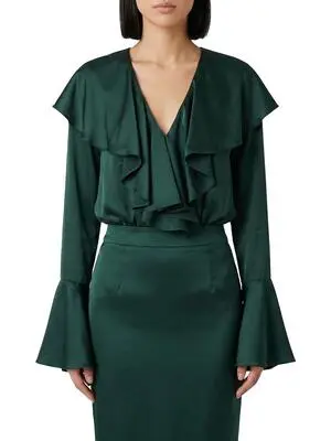 Norma Kamali Ruffled Satin Bodysuit Blouse - Emerald