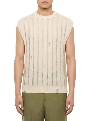 LANEUS Destroyed Effect Cotton Knit Vest - Beige