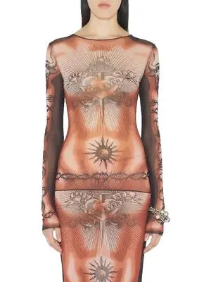 JEAN PAUL GAULTIER Safe Sex Tattoo Re-edition Printed Tulle Top - Multicolor