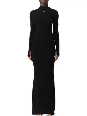 Off-White High Neck Maxi Dress With Floral Applique - Black