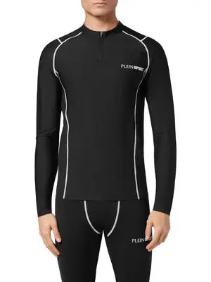 PLEIN SPORT Technical Stretch Fabric Half-zip Long Sleeve T-shirt - Black