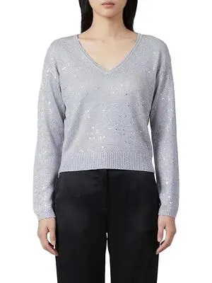 Patrizia Pepe Sequin Embellished V-neck Pullover - Silver
