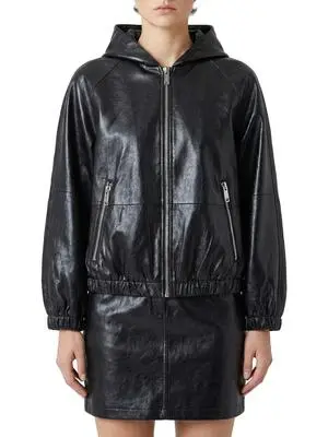 Michael Kors Hooded Faux Leather Zip-up Jacket - Black