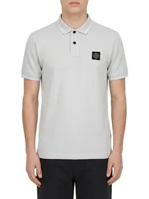 Stone Island Cotton Polo Shirt With Compass Logo And Contrast Striped Collar - Blue
