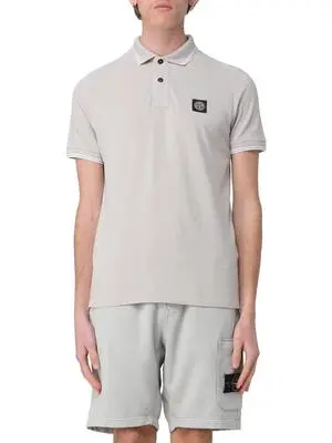 Stone Island Cotton Polo Shirt With Compass Logo And Contrast Striped Collar Grey
