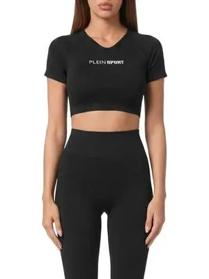 PLEIN SPORT Cropped Technical Stretch V-neck Top - Black