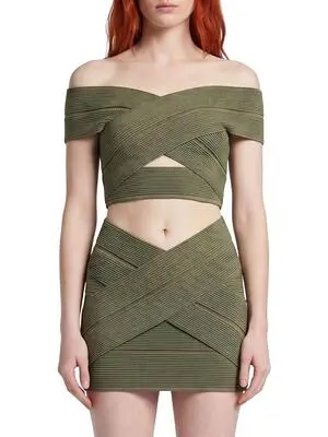 Balmain Off-the-shoulder Cropped Jersey Top - Green