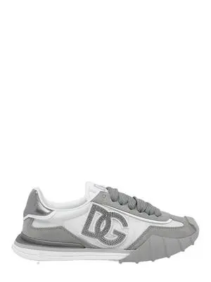 Dolce & Gabbana Suede And Nylon Athletic Sneakers With Rhinestone Dg Monogram - Grey