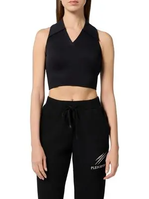 PLEIN SPORT Cropped Top With Classic Collar - Black