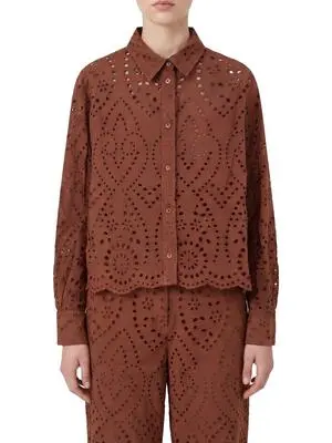 MC2 SAINT BARTH Long Sleeve Broderie Anglaise Cotton Shirt - Brown