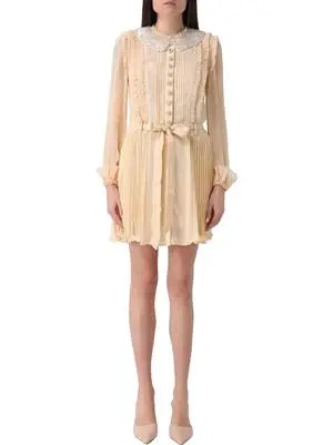 SELF-PORTRAIT Embellished Collared Pleated Dress - Beige