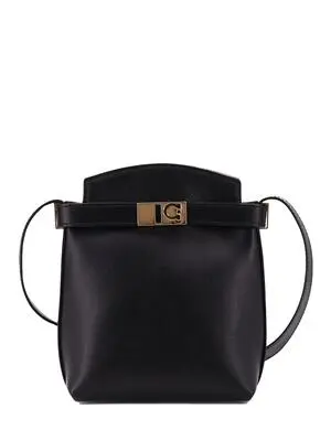 FERRAGAMO Mini Calfskin Leather Bucket Bag With Gancini Logo - Black