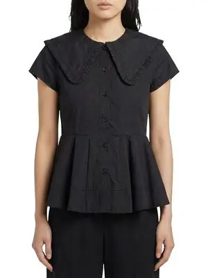 GANNI Peplum Shirt With Frill Collar - Black
