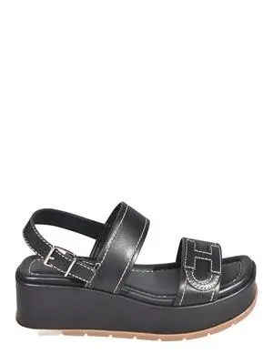 Hogan Leather Wedge Sandals With Embroidered Logo - Black