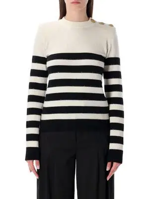 Balmain Striped Fine Knit Jumper With Button Detail - Beige