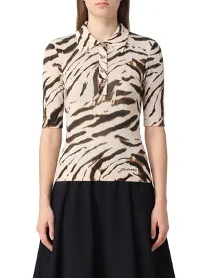 GANNI Zebra-print Organic Cotton-blend Knit Polo - Beige
