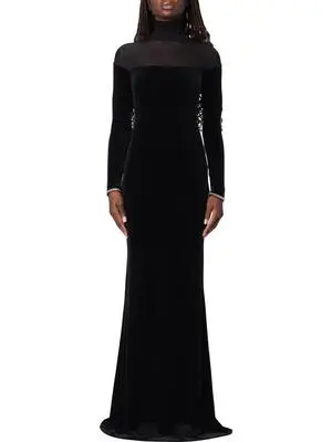 Elisabetta Franchi Long Sleeve Velvet Gown With High Neck - Black