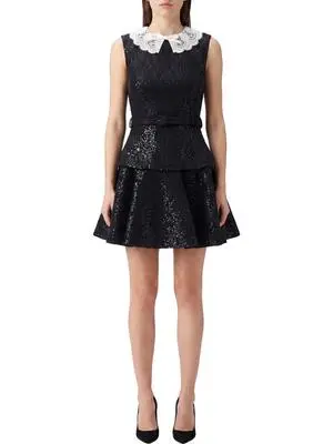 SELF-PORTRAIT A-line Wool Bouclé Mini Dress With Lace And Sequins - Black