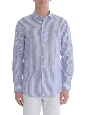 Polo Ralph Lauren Striped Linen Blend Casual Shirt Blue
