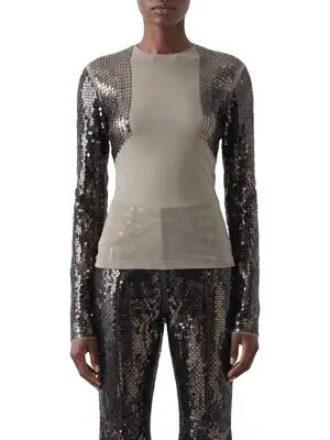 Rick Owens Rick Owens Long Sleeve Sequin Embellished Crew Neck Top Grey