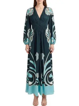 La DoubleJ Floral Print Silk Midi Shirtdress With Balloon Sleeves - Green