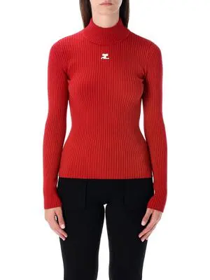 COURREGES Ribbed Turtleneck Top With Emblem - Red