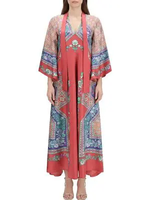 La DoubleJ Pure Silk Midi Kaftan With Ethnic Print - Red