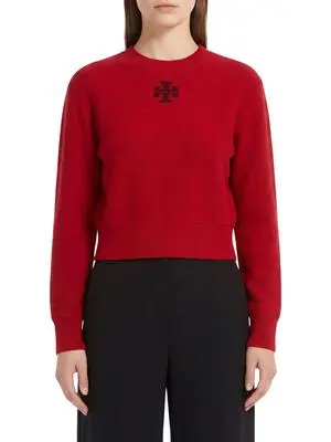 Tory Burch Wool Blend Crew Neck Sweater With Embroidered Logo - Red