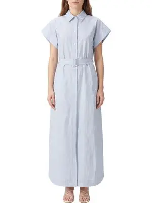 Jacob Cohen Long Belted Shirtdress In Cotton And Cupro Blend - Gnawed Blue