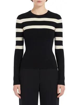 Patrizia Pepe Striped Viscose Blend Crewneck Sweater - Black