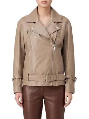 Pinko Leather Biker Jacket - Beige
