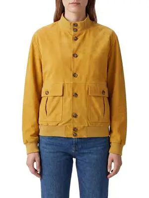 VALSTAR Suede Leather Bomber Jacket With High Collar And Button Closure - Mustard