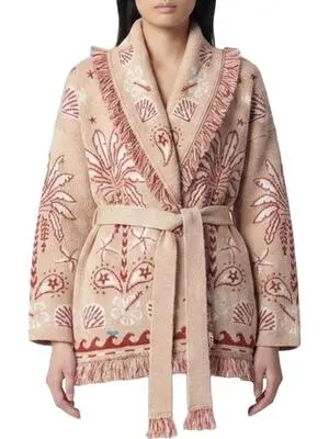 Alanui Jacquard Knit Cardigan With Fringed Collar And Cuffs - Sand