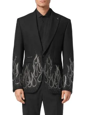 Philipp Plein Blazer With Crystal Flames In Virgin Wool Blend - Black
