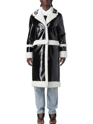 Karl Lagerfeld Faux Leather Shearling Trim Coat - Black