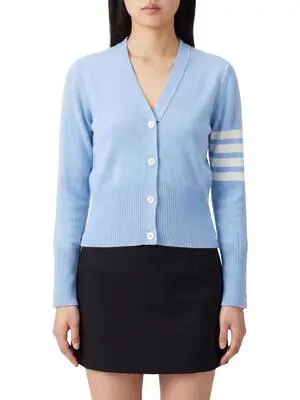 Thom Browne 100% Cashmere V-neck Cardigan With 4-bar Detail - Gnawed Blue