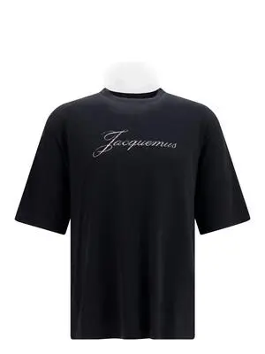 Jacquemus Crew Neck Cotton Blend T-shirt With Printed Contrast Logo - Black