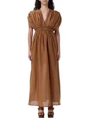 120% Lino Long Dress In Linen And Cotton Blend - Leather