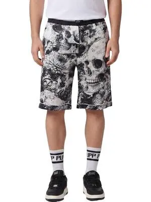 Philipp Plein Graphic Print Linen Blend Shorts - Black