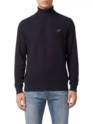 Philipp Plein Merino Wool And Silk Blend Turtleneck Sweater With Hexagon Monogram Logo - Navy