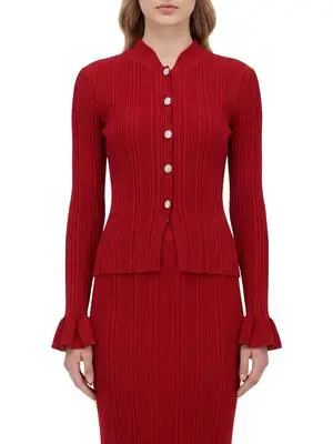 SELF-PORTRAIT Ribbed Knit Cardigan With Embellished Buttons - Red