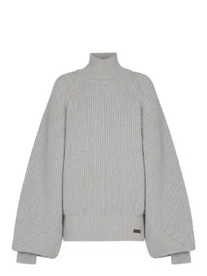 Balmain Ribbed Knit Jumper With High Neck And Voluminous Sleeves - Grey