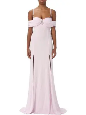 Elisabetta Franchi Off-the-shoulder Draped Gown With Slits - Quartz