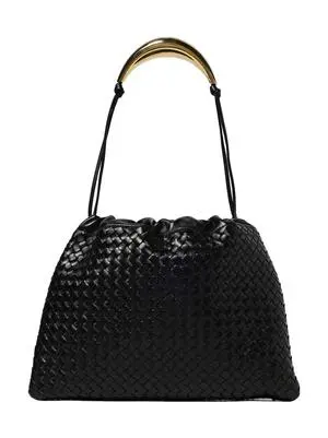 Bottega Veneta Woven Leather Shoulder Bag With Gold Tone Hoop Handle - Black