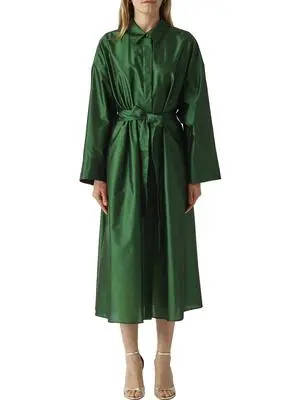 Max Mara Silk-blend Midi Shirt Dress With Tie-waist Belt - Emerald