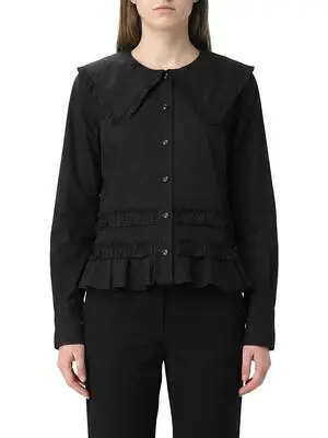GANNI Cotton Shirt With Sailor Collar And Ruffled Hem - Black