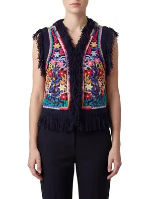 Antik Batik Sleeveless V-neck Embroidered Vest With Fringe - Blue