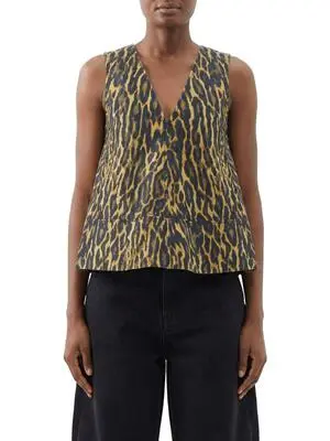 GANNI Leopard Print Cotton V-neck Top - Multicolor